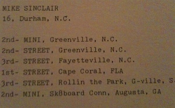 Mike Sinclair's list of skateboard contest placing — Skatepark of Tampa