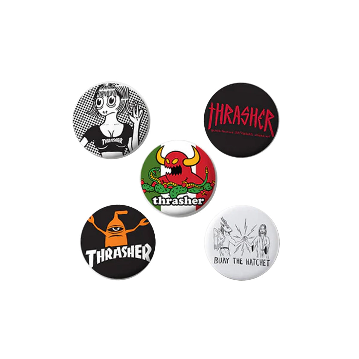 Thrasher Magazine Toy Machine 5 Pack of Buttons — Skatepark of Tampa